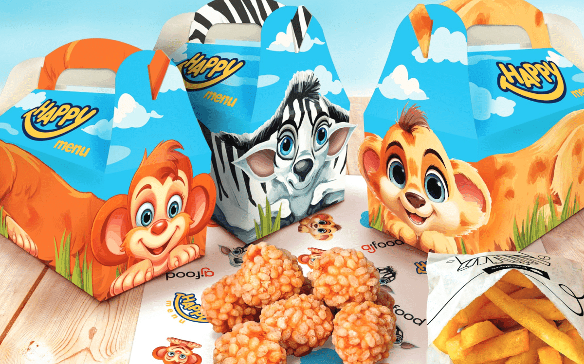 Popsy z kurczaka podane z frytkami w kartoniku Happy Menu box - AJ FOOD